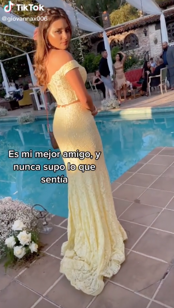 Chica opaca con lindo vestido a la novia de su mejor amigo en plena boda